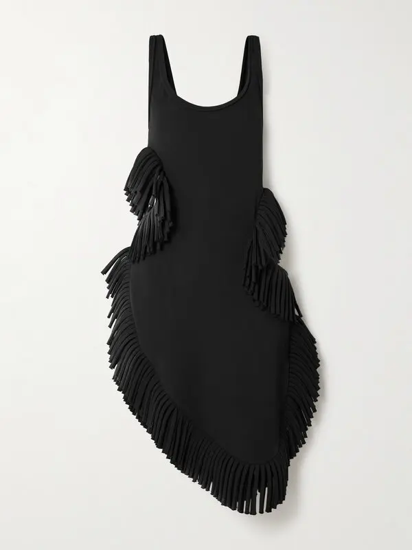 DIOTIMA Scatter Asymmetric Cutout Fringed Midi Dress - Black