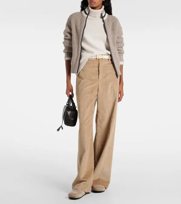 Brunello Cucinelli High-rise Wide-leg Corduroy Pants - Beige