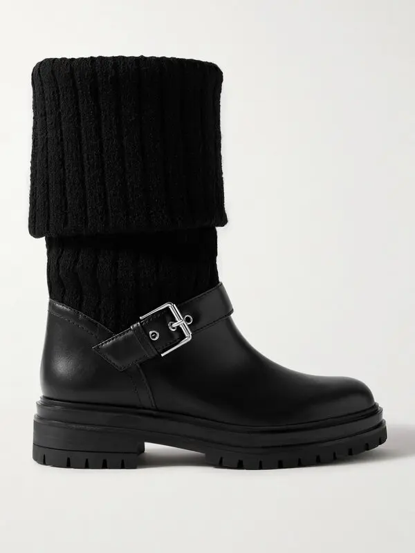 GIANVITO ROSSI Thurso Buckled Leather And Ribbed-knit Ankle Boots