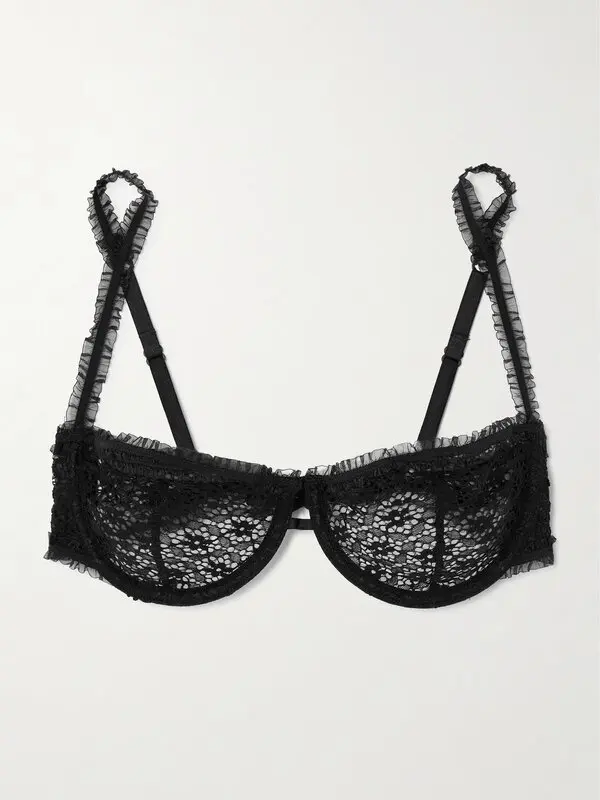 Kiki De Montparnasse Chante Ruffled Tulle-trimmed Lace Underwired Soft-cup Balconette Bra - Black