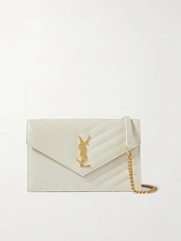 Saint Laurent Cassandre Matelassé Textured-leather Chain Wallet - Neutrals