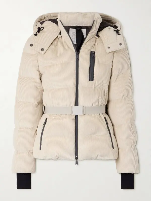 Brunello Cucinelli Hooded Belted Bead-embellished Ribbed Cotton-velvet Ski Jacket - Neutrals