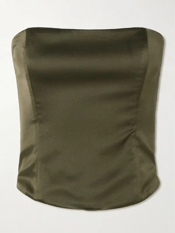 Staud Brunswick Strapless Silk-blend Satin Top - Green