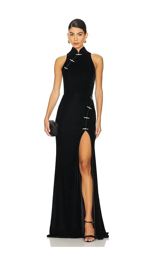 SAU LEE Velvet Gown With Crystal Embellishments - Black