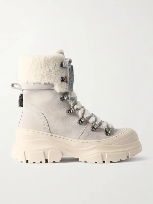 Brunello Cucinelli Embellished Suede And Shearling Ankle Boots - Neutrals