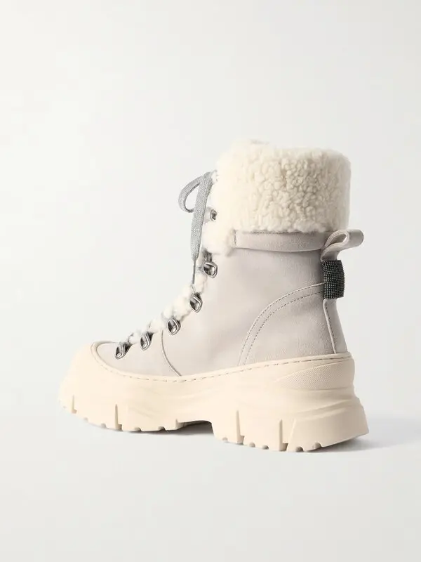 Brunello Cucinelli Embellished Suede And Shearling Ankle Boots