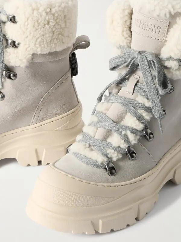 Brunello Cucinelli Embellished Suede And Shearling Ankle Boots