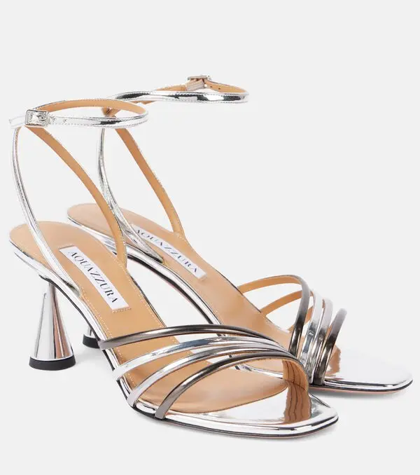 AQUAZZURA La Tour 75 Metallic Leather Sandals - Silver