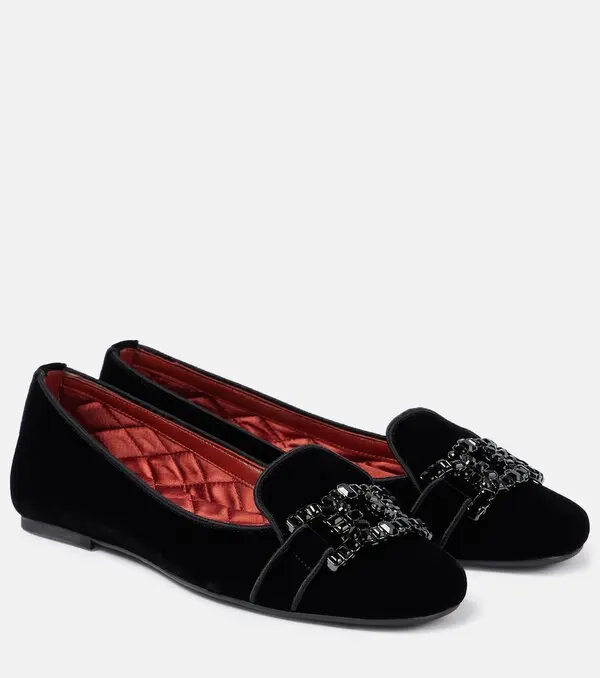 TOD'S Velvet Ballet Flats With Crystal Embellishment - Black