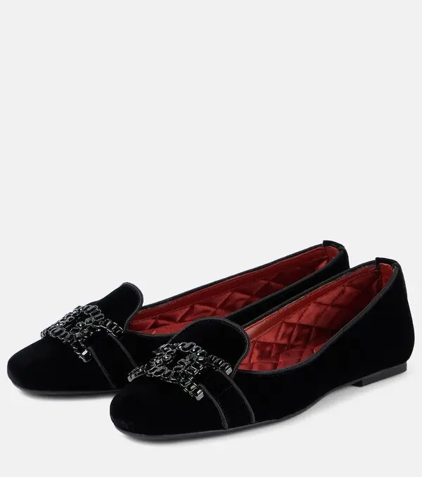 TOD'S Velvet Ballet Flats With Crystal Embellishment - Black