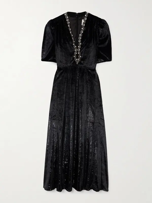 Saloni Tabitha Embellished Metallic Velvet Midi Dress - Black