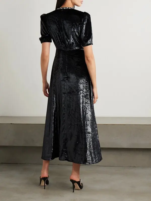 Saloni Embellished Metallic Velvet Midi Dress