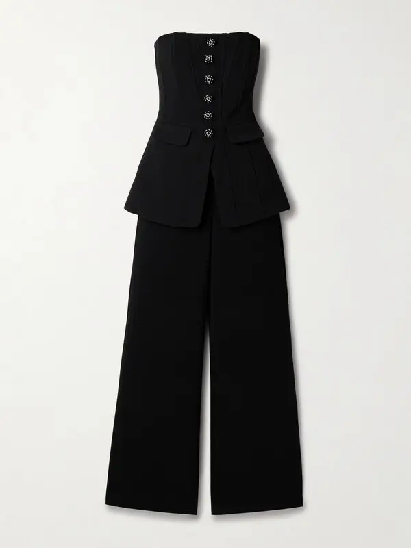 SELF-PORTRAIT Convertible Strapless Crystal-embellished Peplum Jumpsuit - Black