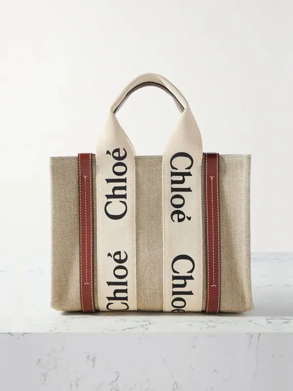 Chloé Net Sustain Woody Small Embroidered Leather-trimmed Linen Tote - Brown