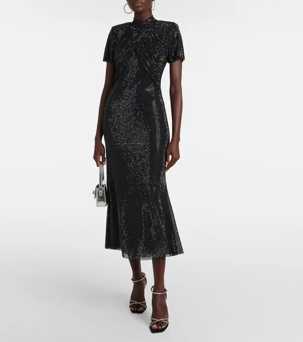 SELF-PORTRAIT Rhinestone-embellished Midi Dress - Black