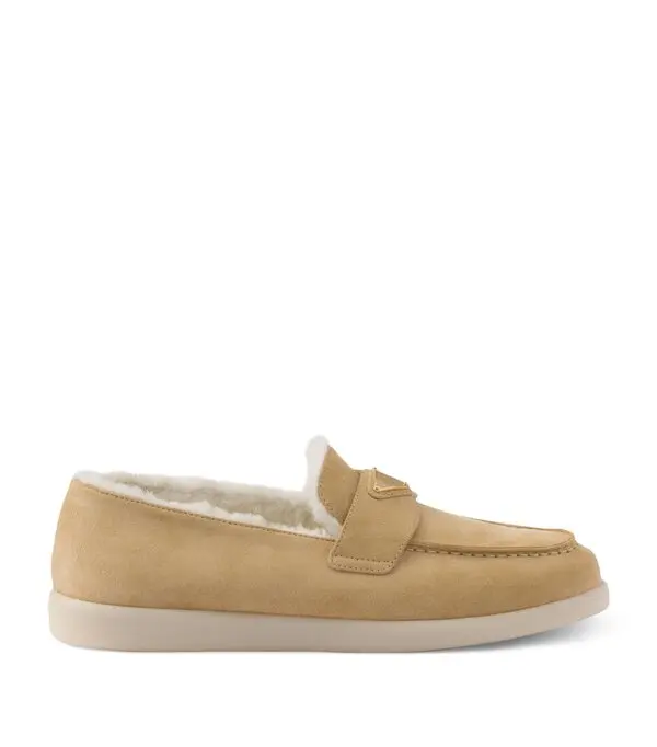 Prada Suede-shearling Triangle Loafers - Neutral