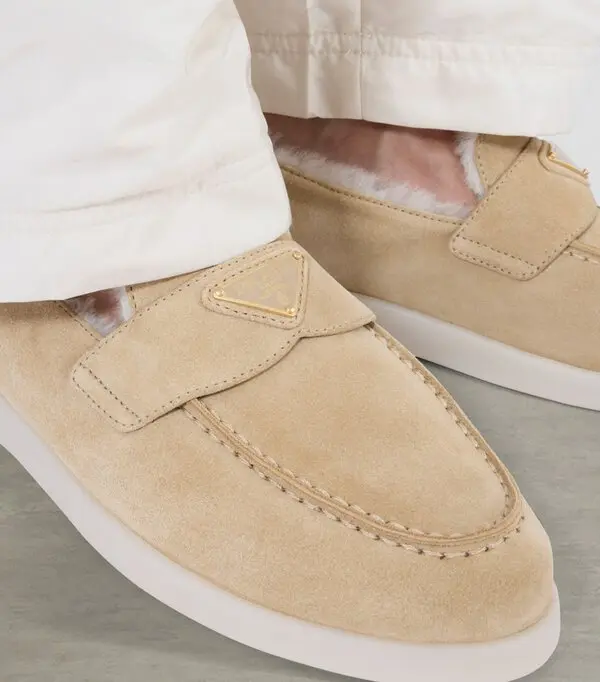 Prada Suede-shearling Triangle Loafers - Neutral