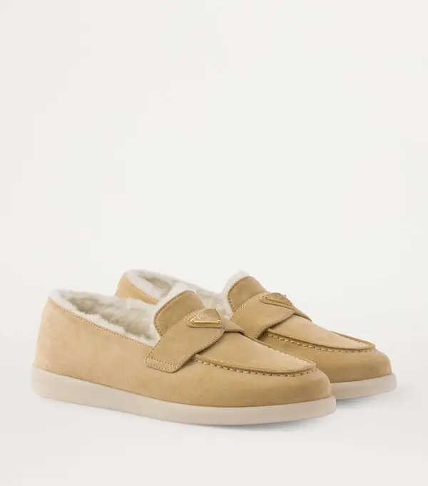 Prada Suede-shearling Triangle Loafers - Neutral