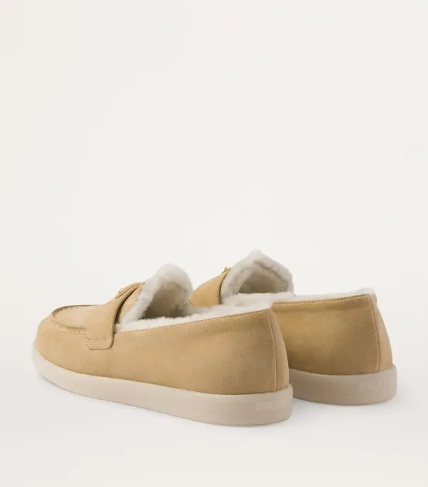 Prada Suede-shearling Triangle Loafers - Neutral