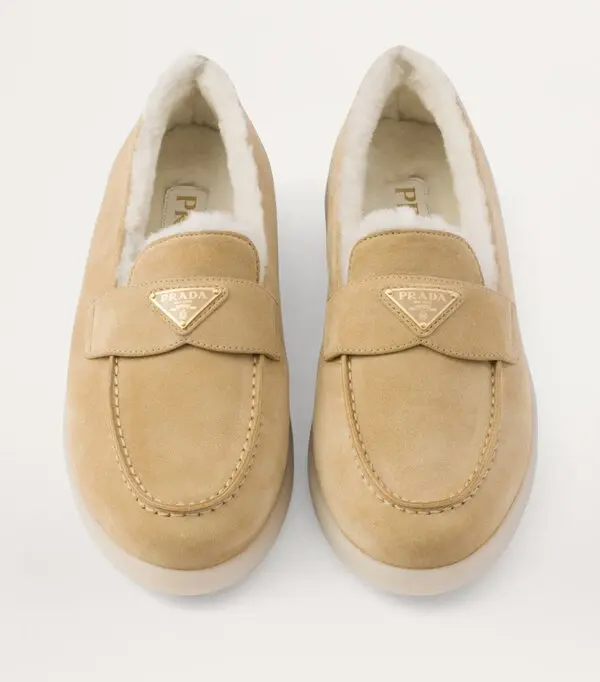 Prada Suede-shearling Triangle Loafers - Neutral