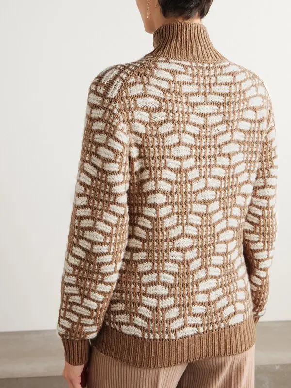 Loro Piana Jacquard-knit Camel Hair Zip-up Sweater