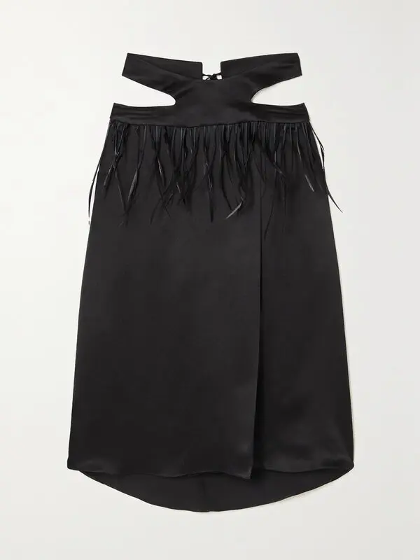 MAXIMILIAN Tasseled Cutout Hammered Silk-satin Midi Skirt - Black