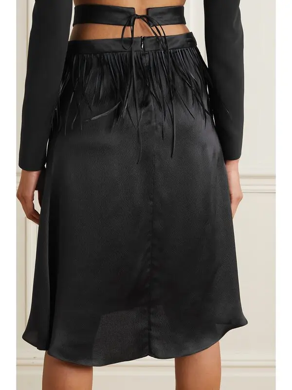 MAXIMILIAN Tasseled Cutout Hammered Silk-satin Midi Skirt