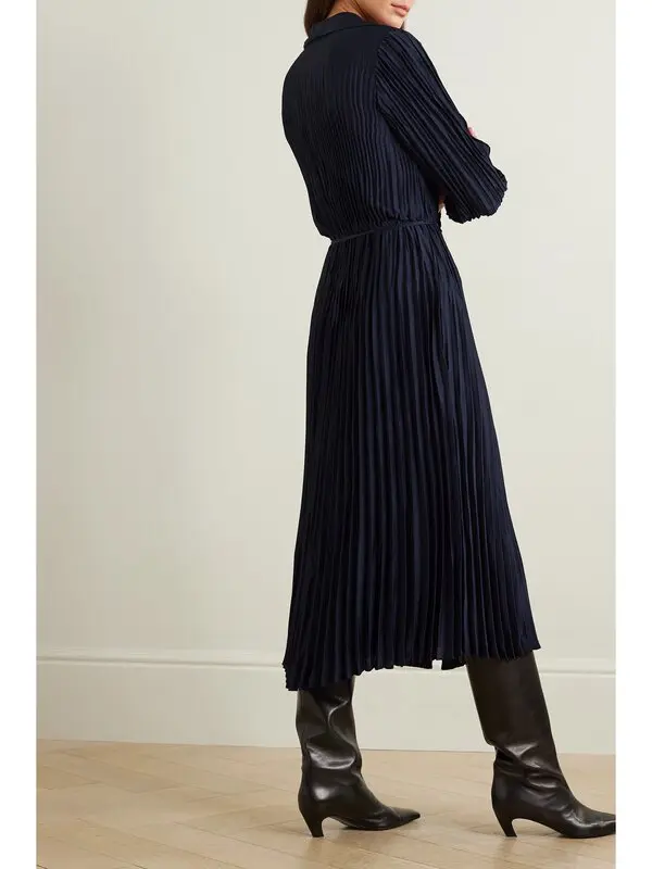 Vince Belted Plissé-satin Midi Dress