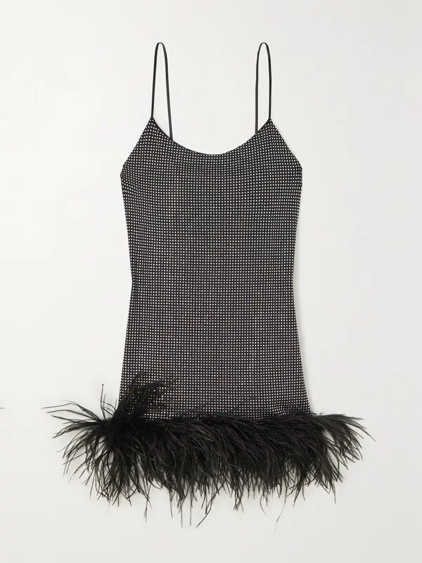 LESLIE AMON Laurie Crystal-embellished Feather-trimmed Mini Dress - Black