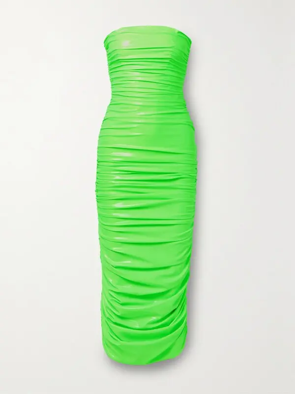 SERGIO HUDSON Strapless Ruched Neon Coated Stretch-jersey Midi Dress - Green