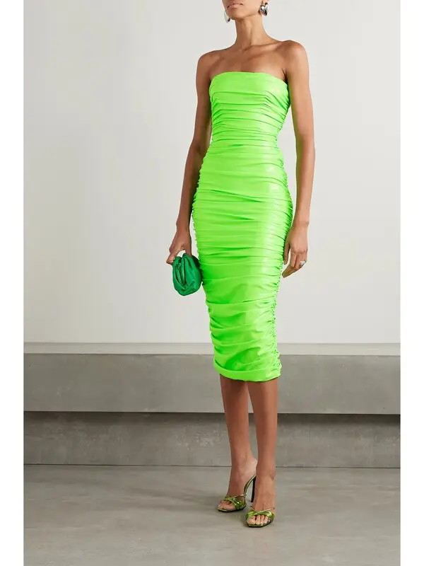 SERGIO HUDSON Strapless Ruched Neon Coated Stretch-jersey Midi Dress