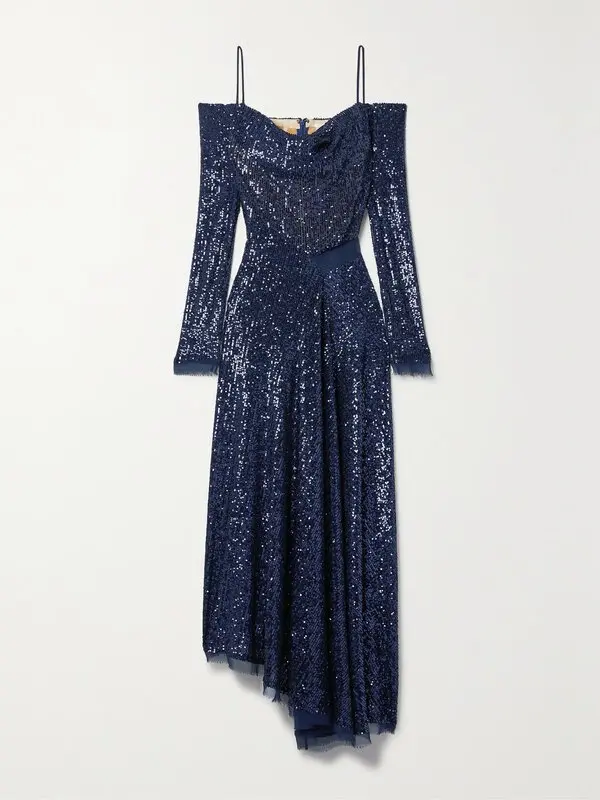 JASON WU Asymmetrical Sequined Chiffon Maxi Dress - Blue