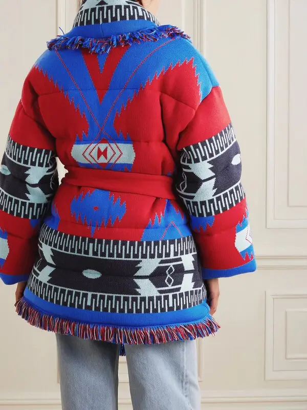 Alanui Icon Belted Fringed Quilted Wool-jacquard Down Jacket