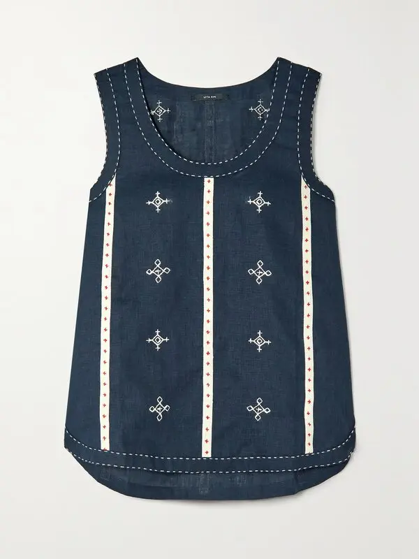 Vita Kin Gera Embroidered Linen Top - Blue