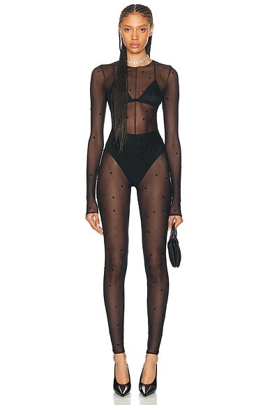 Oseree Embellished Mesh Jumpsuit - Black