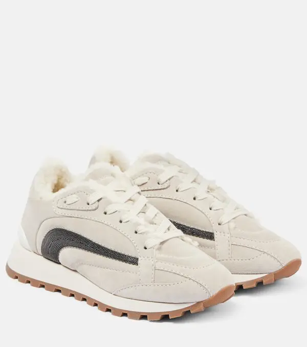 Brunello Cucinelli Monili Shearling-trimmed Suede Lace-up Sneakers - Grey