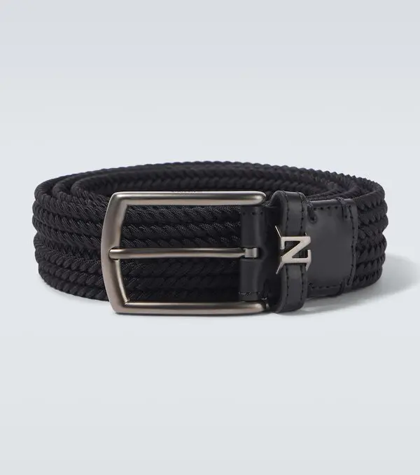 Zegna Woven Leather Trimmed Belt - Black