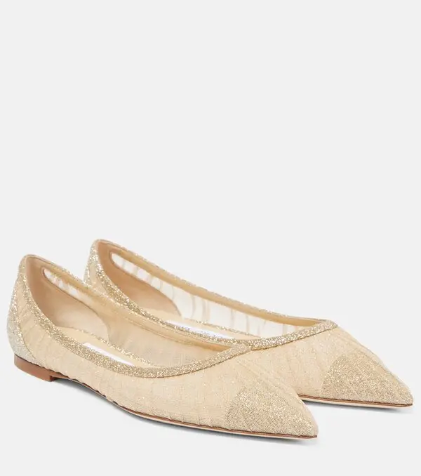 JIMMY CHOO Love Glitter Tulle Ballet Flats - Gold
