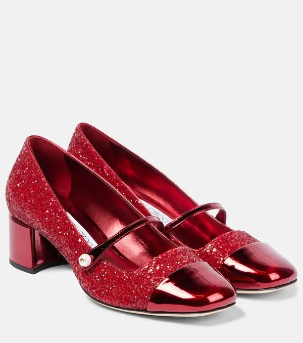 JIMMY CHOO Elisa 45 Glitter Leather Mary Jane Pumps - Red