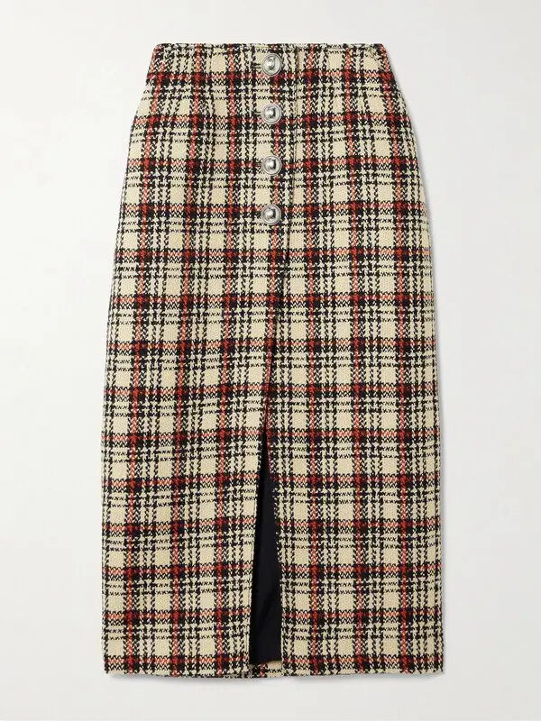 Rabanne Checked Wool-blend Tweed Midi Skirt - Brown