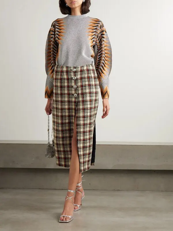 Rabanne Checked Wool-blend Tweed Midi Skirt - Brown