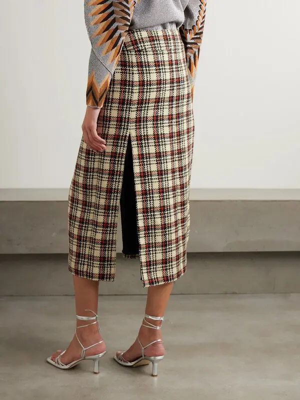 Rabanne Checked Wool-blend Tweed Midi Skirt - Brown