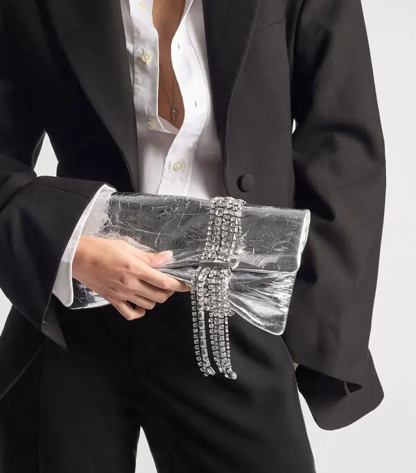 JIMMY CHOO Zandra Crystal Belted Leather Clutch Bag - Silver