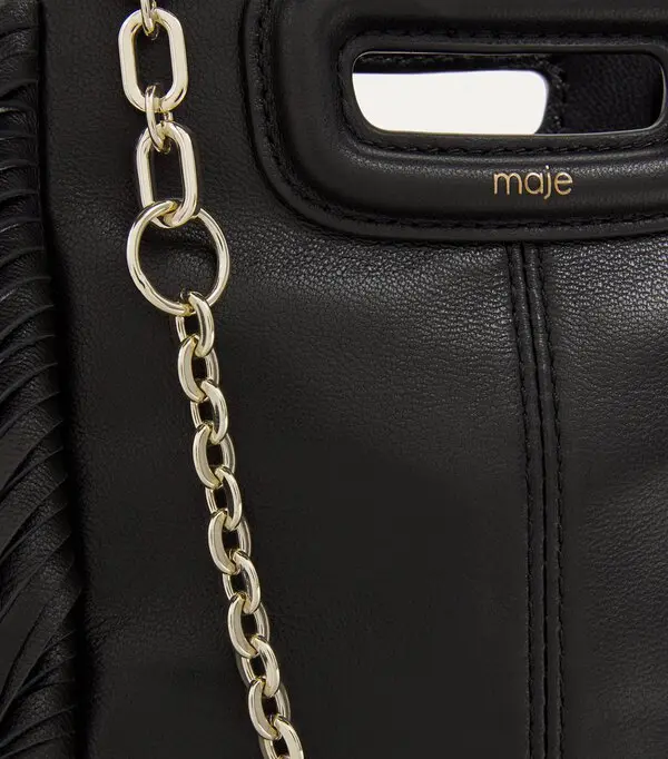 Maje Mini Leather 'm' Top-handle Bag With Fringe - Black