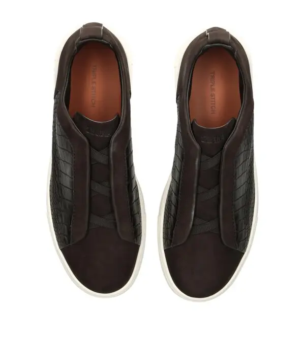 Zegna Triple Stitch Leather And Cashmere Sneakers - Brown