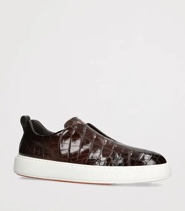 Santoni Crocodile Effect Leather Slip-on Sneakers