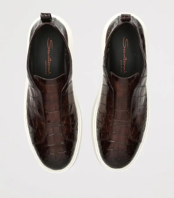 Santoni Crocodile Effect Leather Slip-on Sneakers