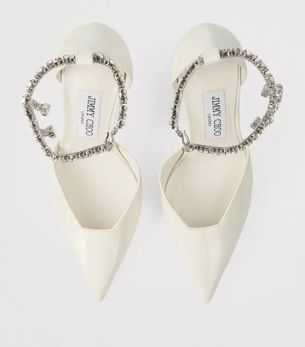 JIMMY CHOO Stevie 100 Patent Leather Pumps With Embellished Ankle Strap - White