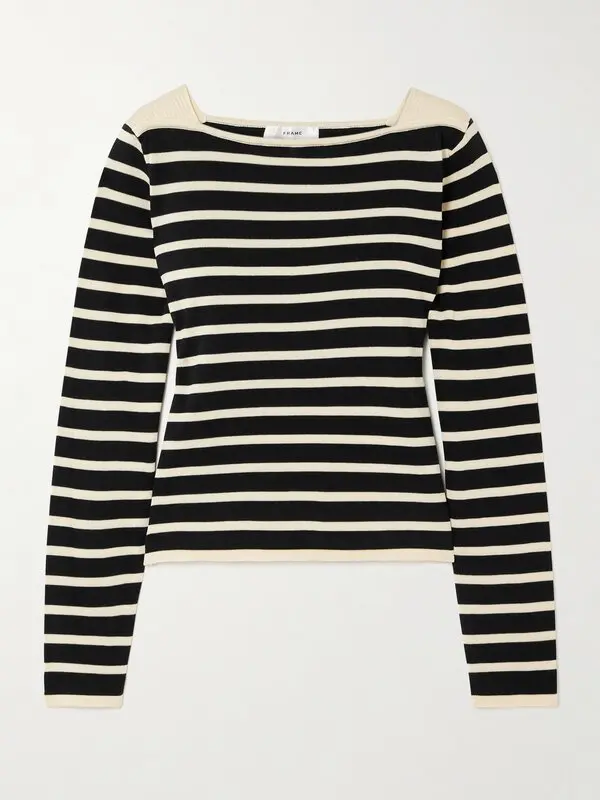 FRAME Striped Cotton Boat Neck Sweater - Black