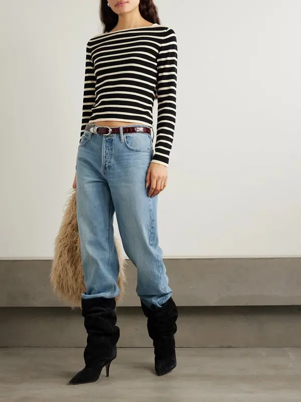 FRAME Striped Cotton Boat Neck Sweater
